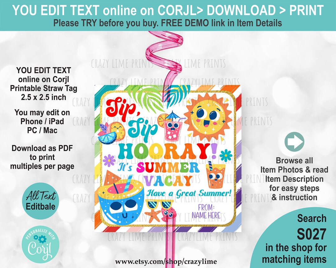 EDITABLE Sip Sip Hooray It's Summer Vacay Gift Tag. End of School Year ...