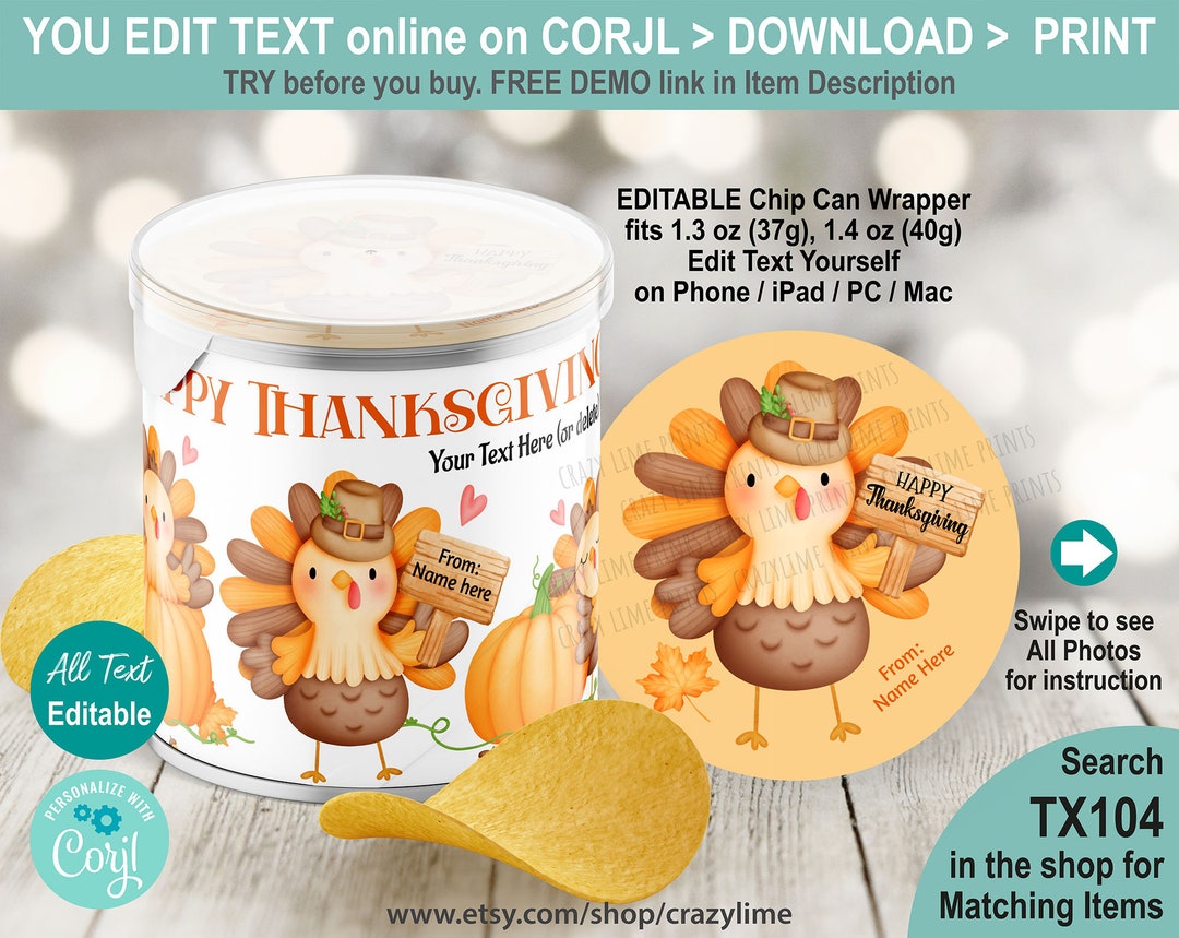 EDITABLE Thanksgiving Chip Can Wrapper Digital Template. Cute Turkey ...