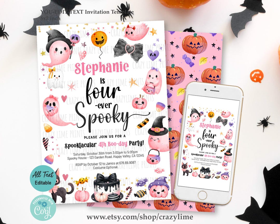 EDITABLE Fourever Spooky Halloween 4th Birthday Party Invitation. Pink ...