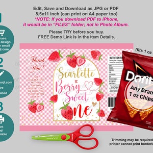 EDITABLE Berry Sweet One Strawberry 1st Birthday Party Favor Bundle Set ...