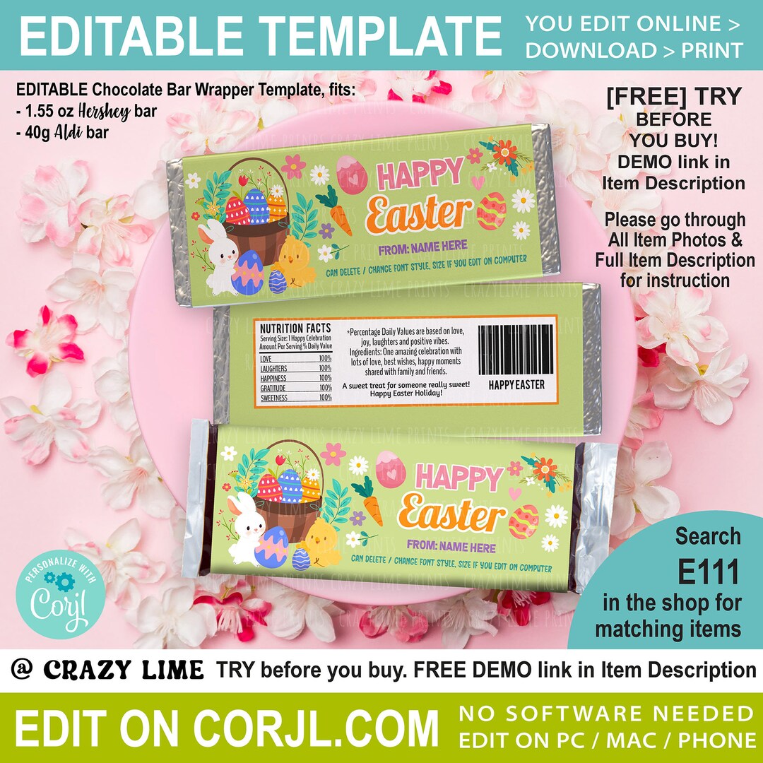 EDITABLE Easter Chocolate Candy Bar Wrapper Personalised Template. Cute ...