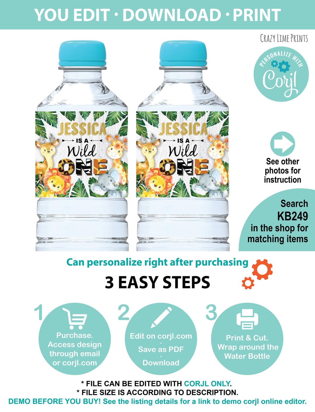 Safari Wild One Water Bottle Label. EDITABLE Template. Instant Download ...