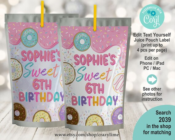 EDITABLE Donut Sweet Birthday Juice Pouch Label. Printable - Etsy