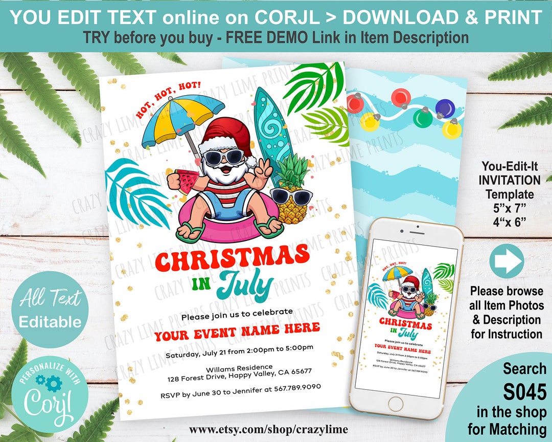 Editable Christmas in July Invitation. Beach Santa Summer Party Invite ...