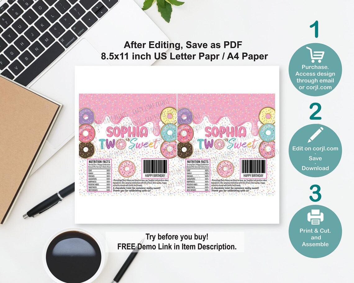 EDITABLE Donut Two Sweet 2nd Birthday Chocolate Candy Bar | Etsy