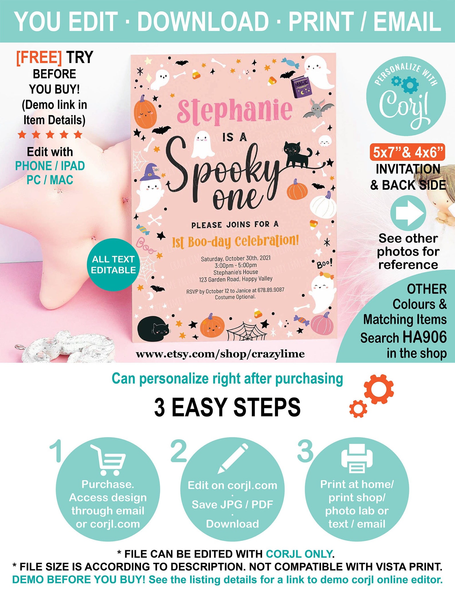 EDITABLE Spooky One Birthday Invitation Template. Personalised | Etsy