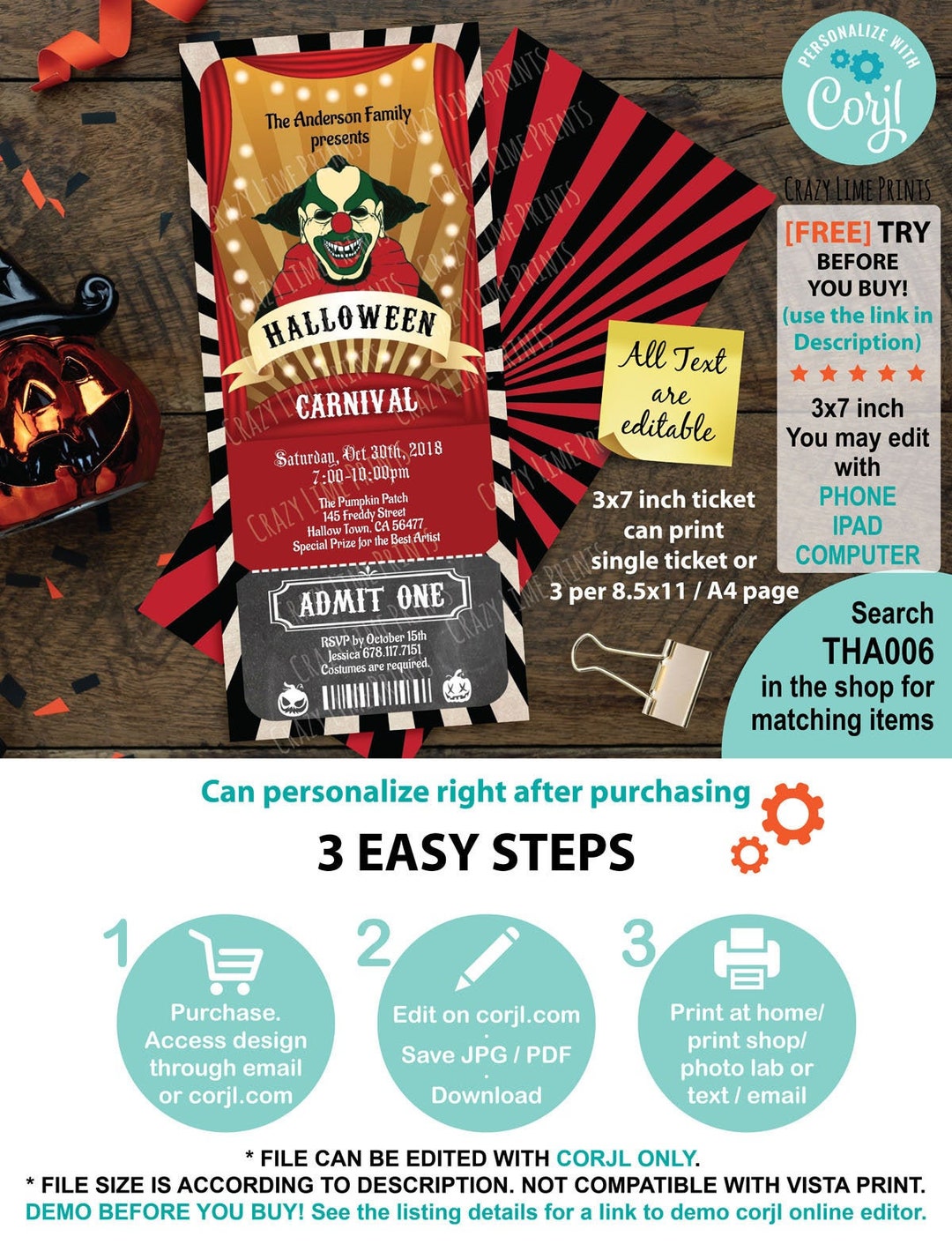 Halloween Clown Party Invitation Ticket. Retro Carnival Scary Night ...