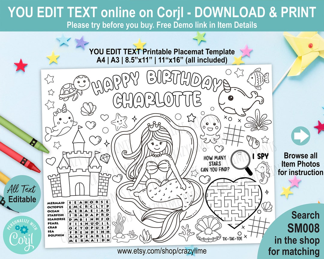 EDITABLE Mermaid Birthday Party Placemat. Personalised Coloring Game ...