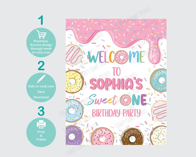 Editable Donut Sweet One Welcome Sign. Donut Girl 1st Birthday - Etsy