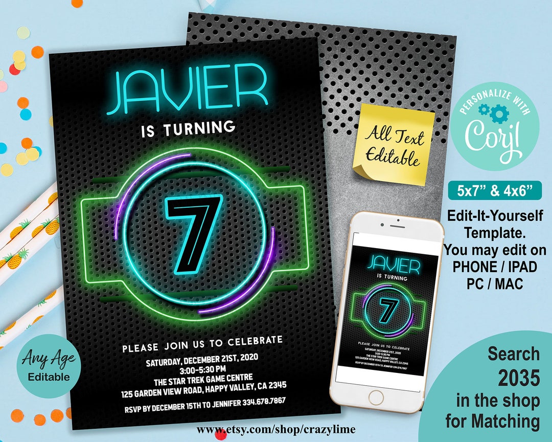 EDITABLE Boy 7th Birthday Invitation Template. Personalised Neon Glow ...