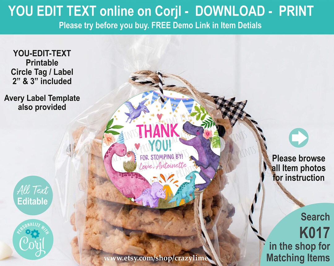 EDITABLE Dinosaur Party Favor Tag. Personalised Cute Dino Thank You ...
