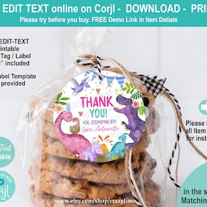 EDITABLE Dinosaur Party Favor Tag. Personalised Cute Dino Thank You ...