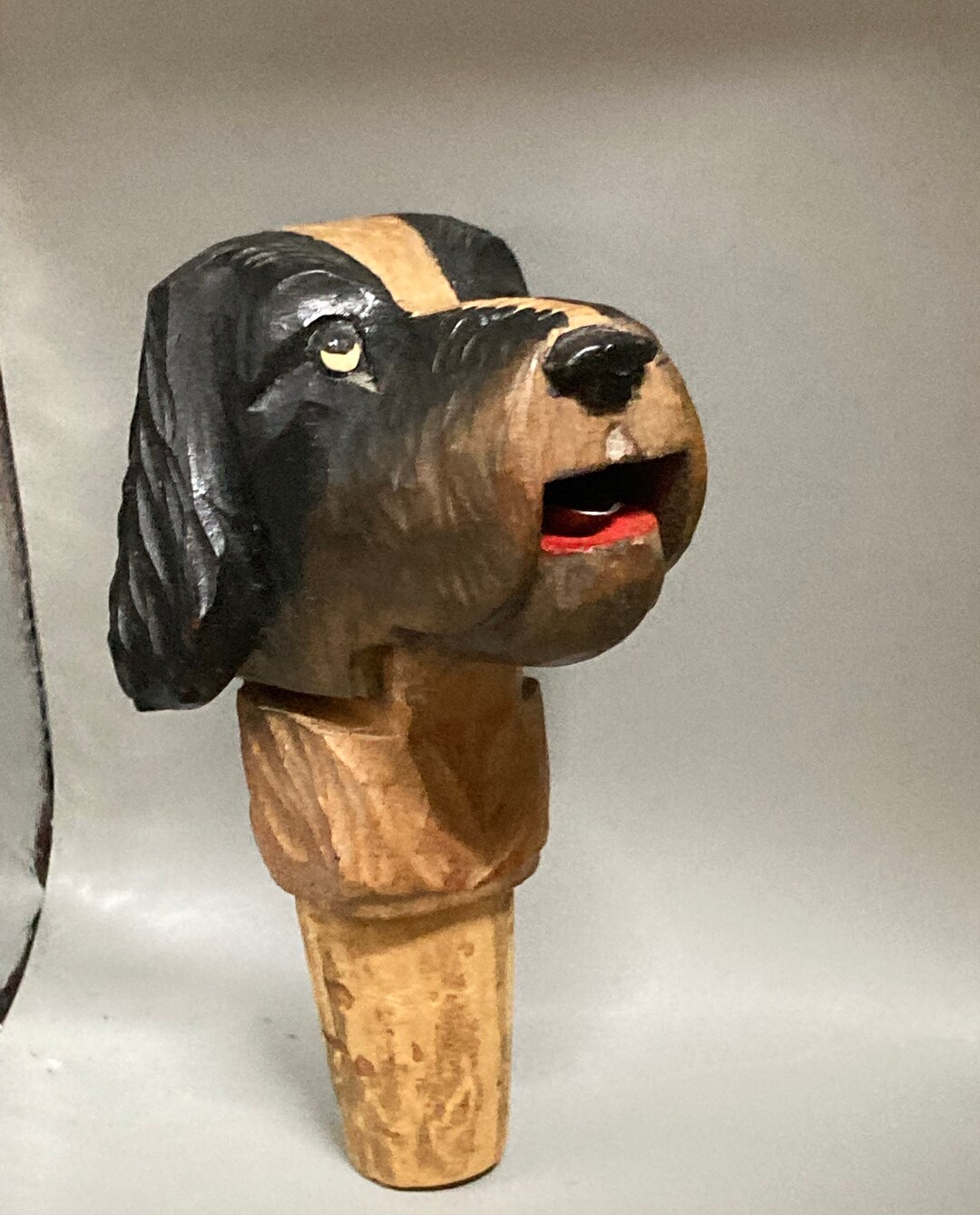 Vintage German Hand Carved Wooden Dogs Head ,vine Bottle Pourer With ...