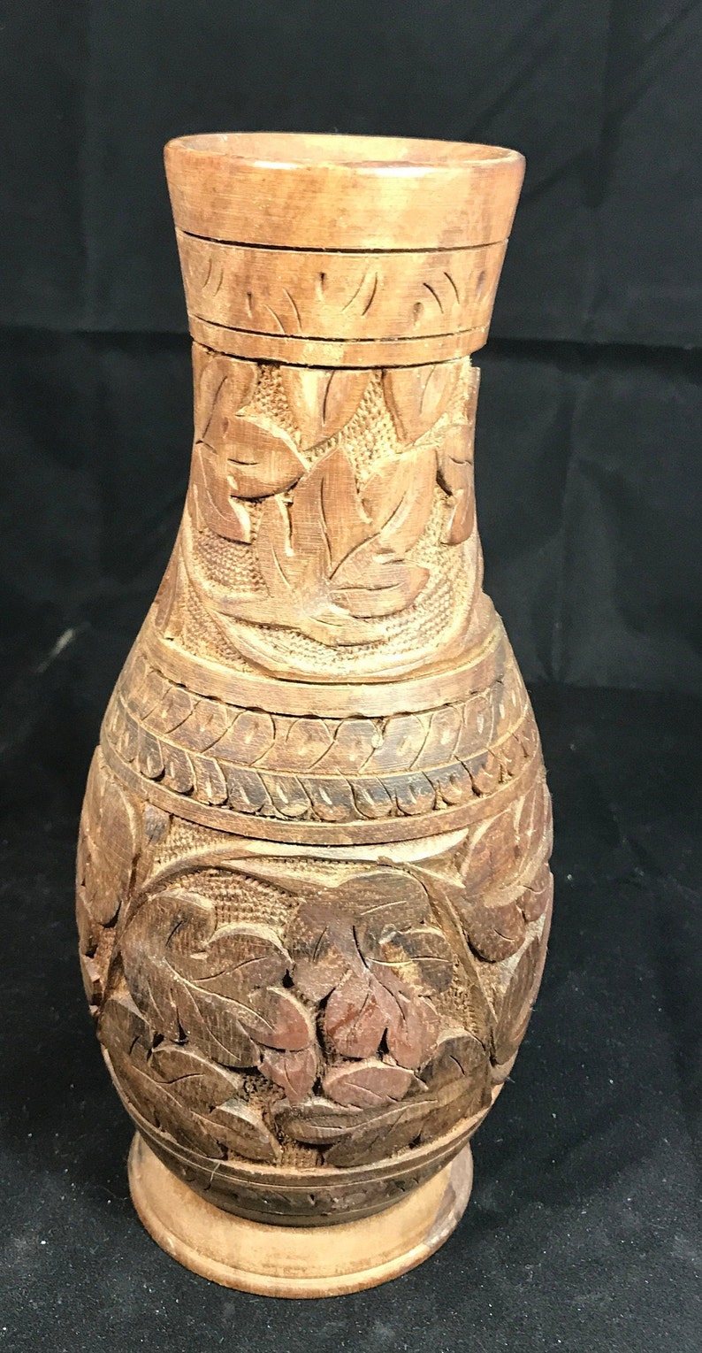 Vintage Hand Carved Wooden Vase , Leaves Decoration - Etsy
