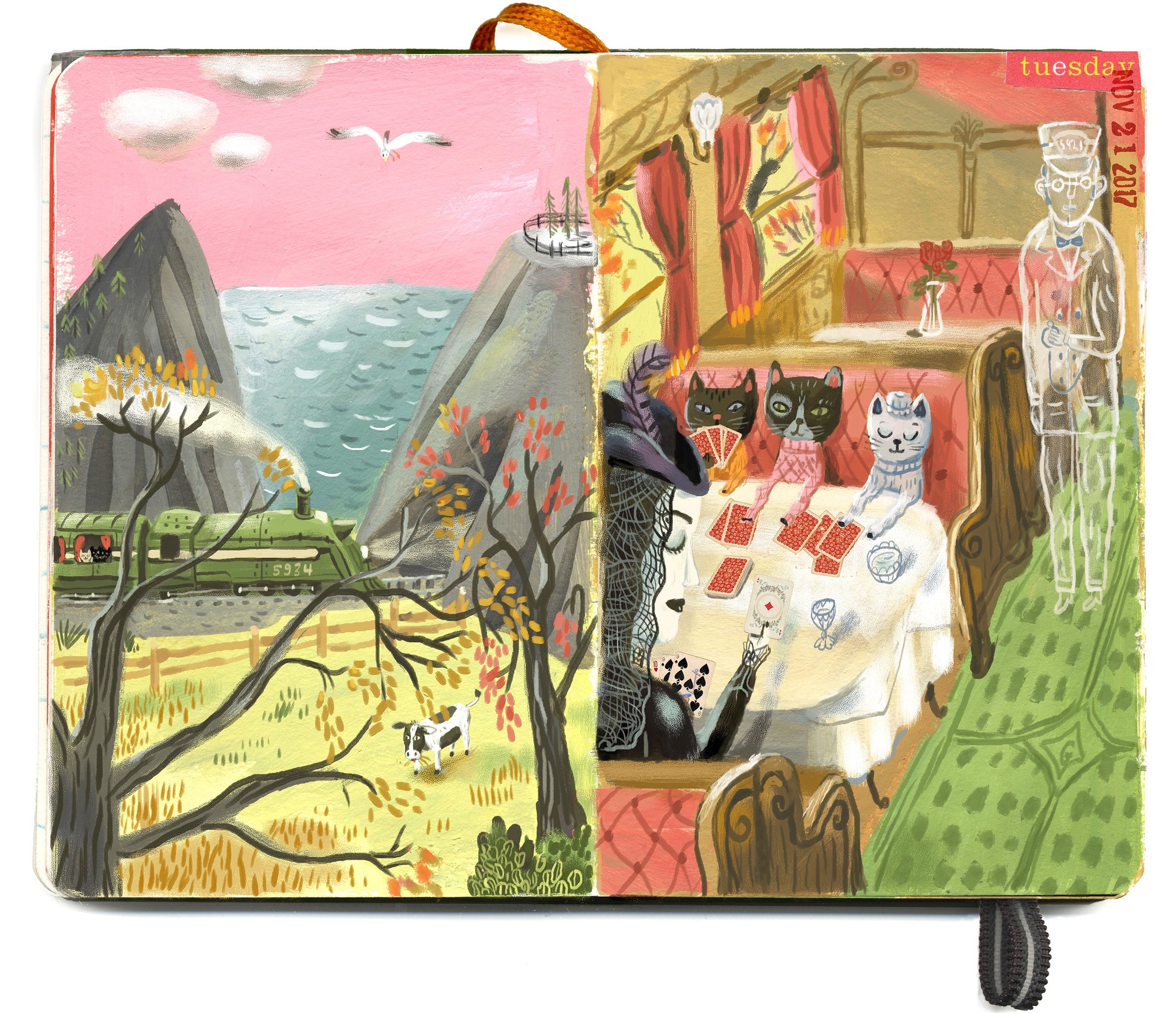 Go Fish. A Lady & Her Cats Pass the Time on an Autumn Train Trip. A ...