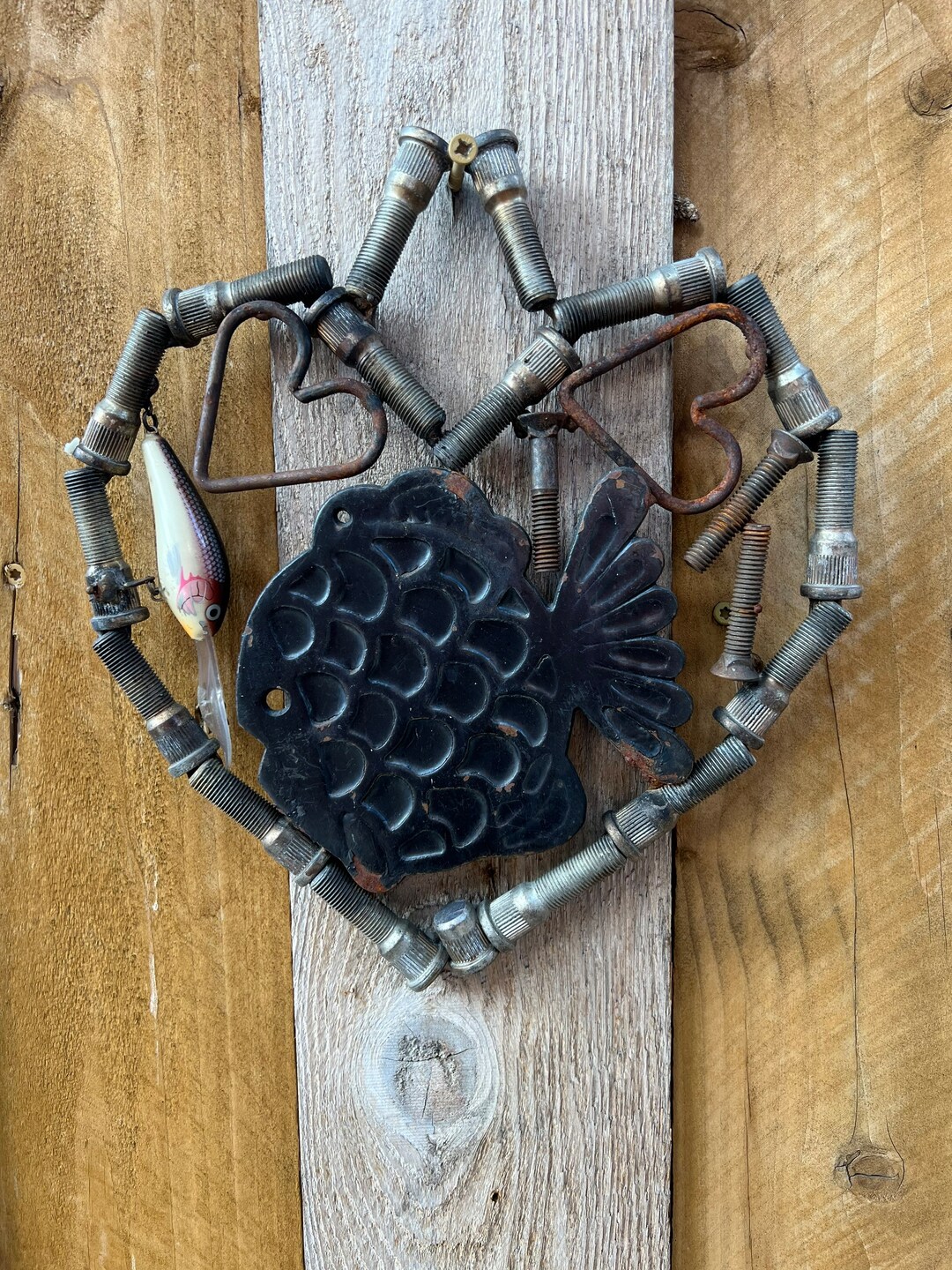 Reduced Welded Fish Heart Metal Bolt Art Sculpture Heart Art Fishing ...