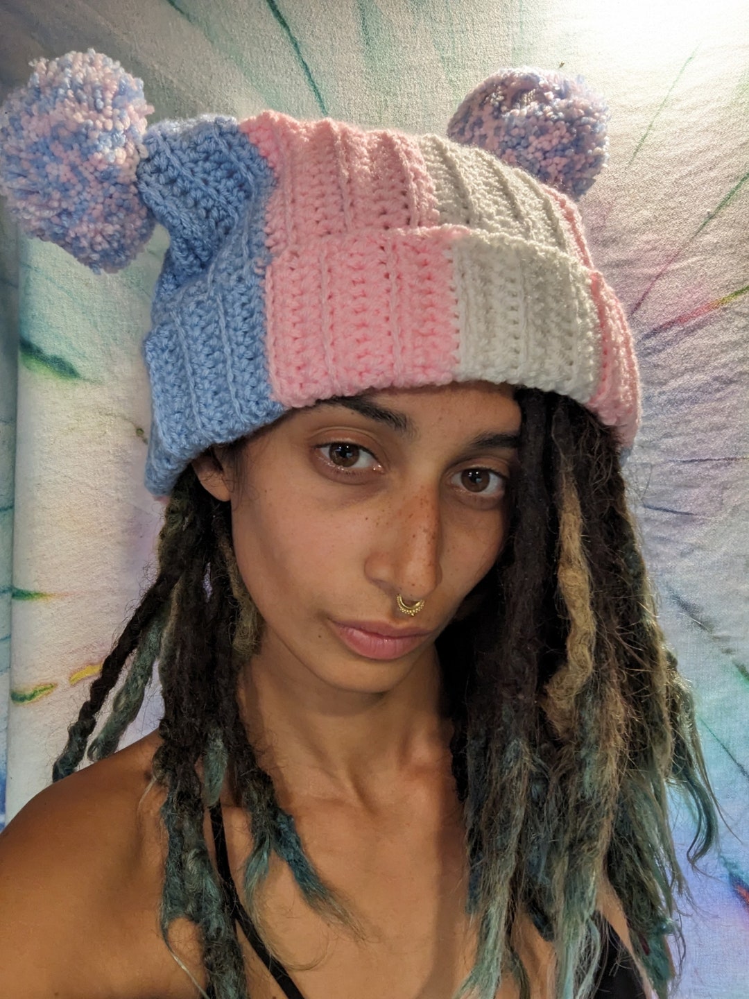 Pride Hat, Trans. Flag, Handmade, Crochet, Big Hair, Dreadlock, Beanie ...