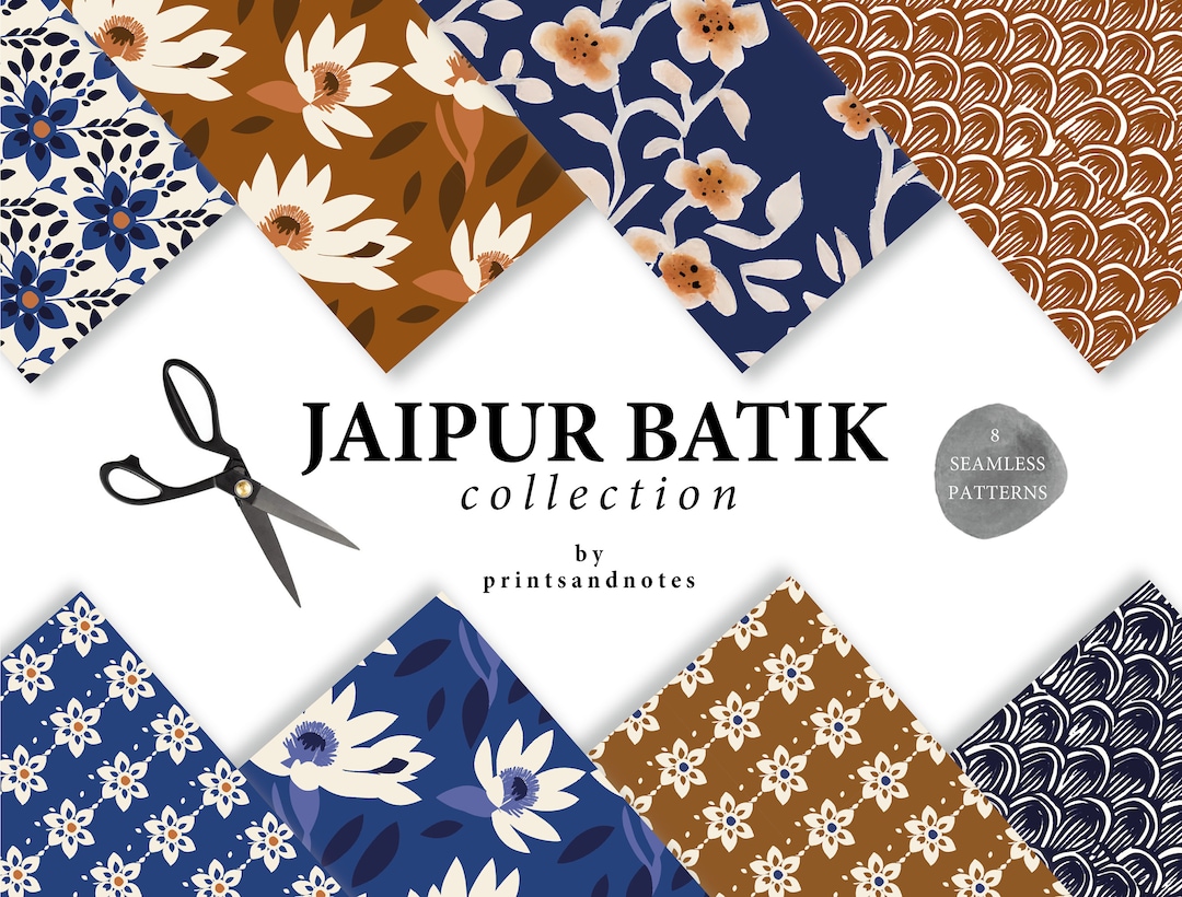 Jaipur Batik Digital Prints. Denim and Camel Seamless Patterns With Block Print Method ...