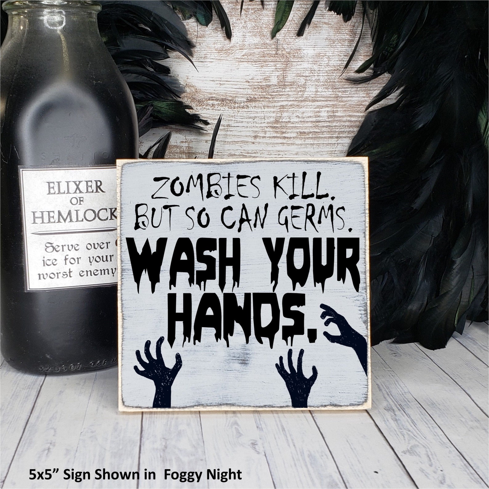 Halloween Wash Your Hands Wood Sign, Restroom Zombies Kill so Can Germs ...