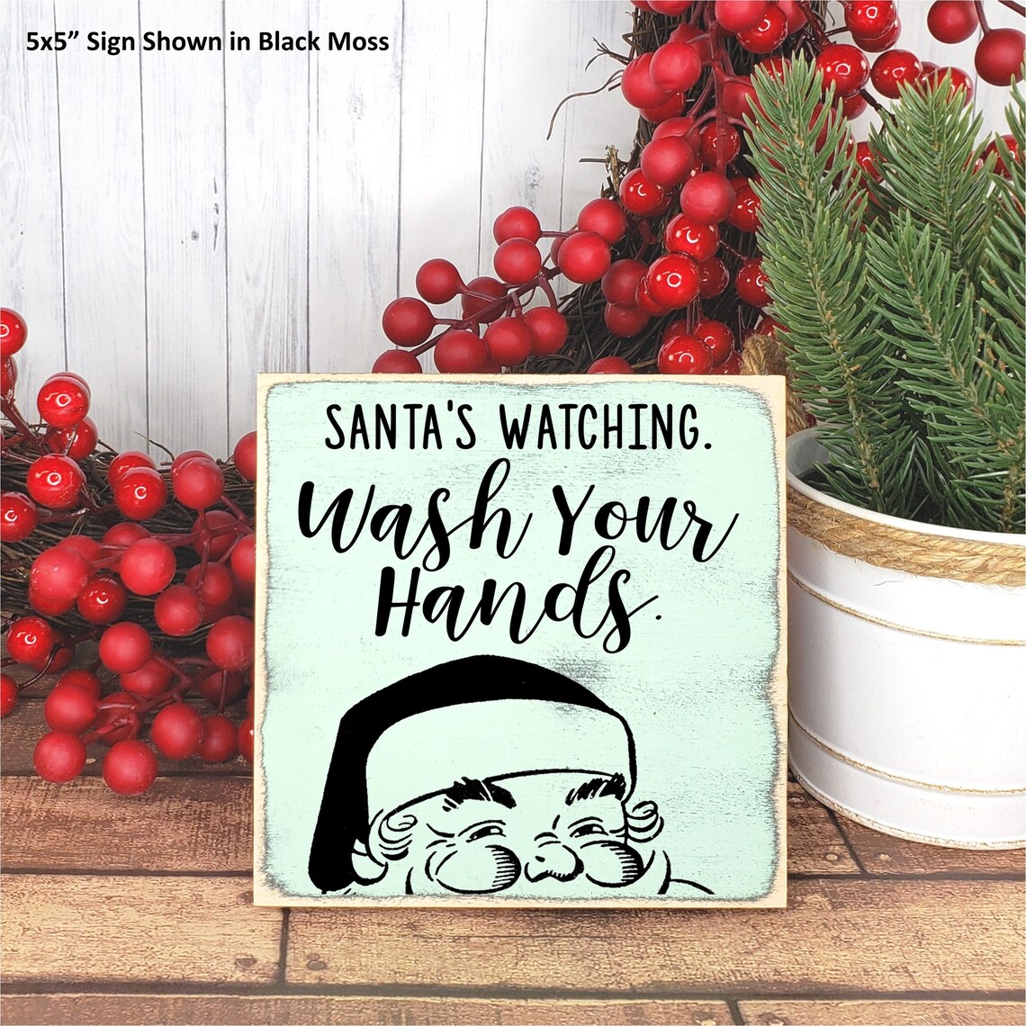 Santa's Watching Wash Your Hands Wood Sign, Funny Retro Christmas Decor ...