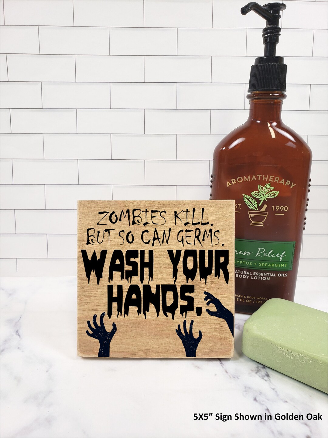 Funny Halloween Zombie Wash Your Hands Wood Sign: Mini Bathroom Shelf ...