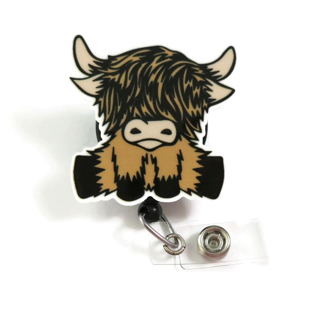 Highland Cow Badge Reel, Cute Cow Badge Clip, Nurse ID Badge Holder ...
