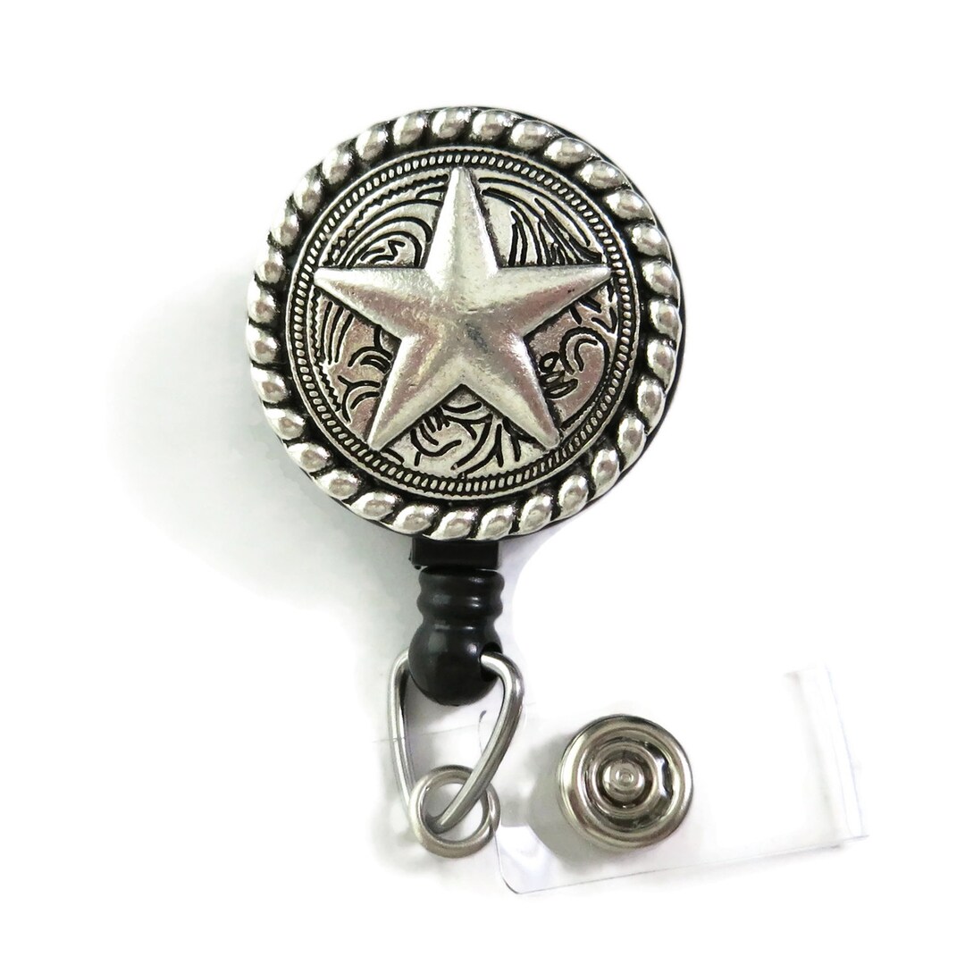 Texas Star Badge Reel, Antique Silver Concho Badge Holder, Western ...