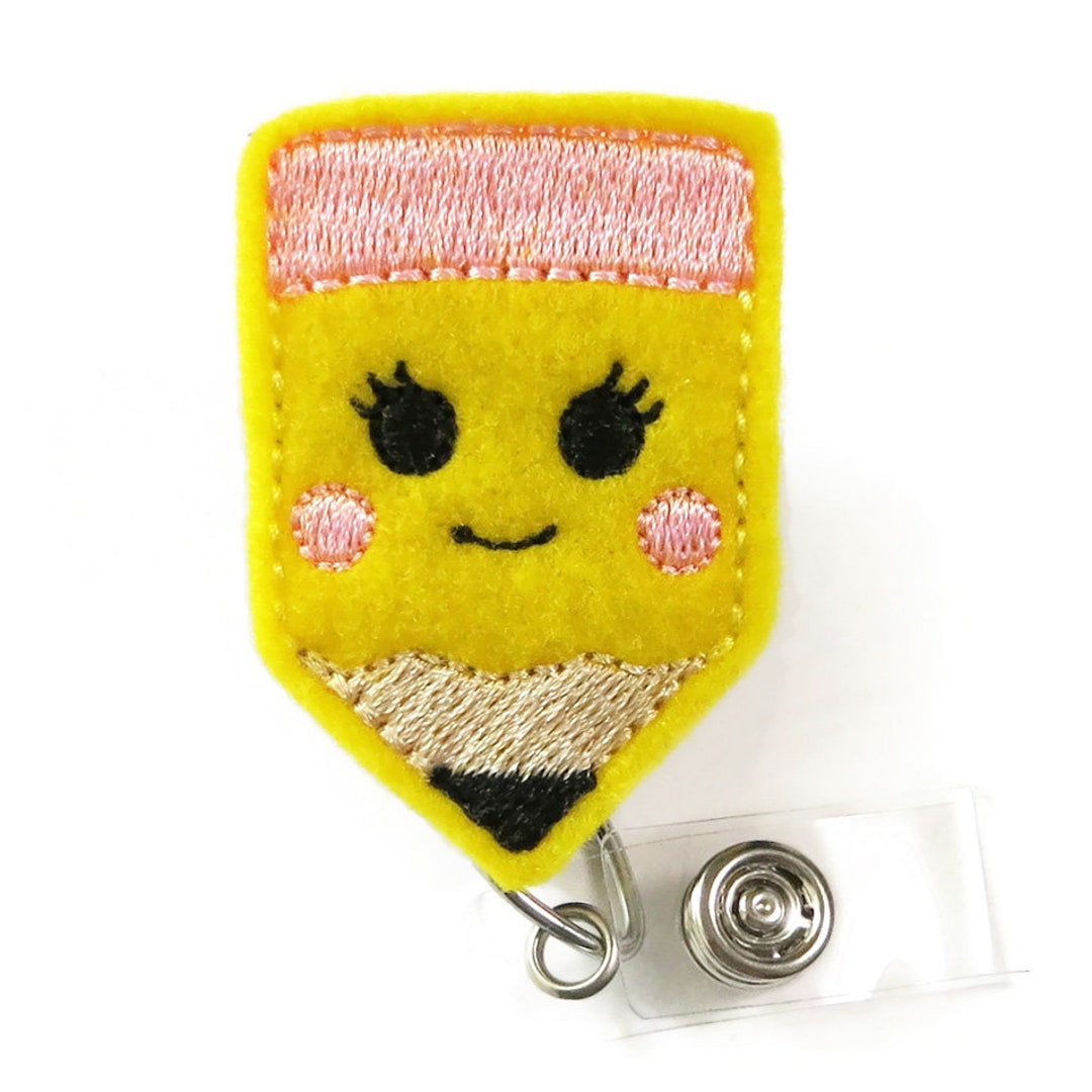 Cute Pencil Badge ID Holder, Happy Pencil Felt Badge Reel, Teacher ID ...