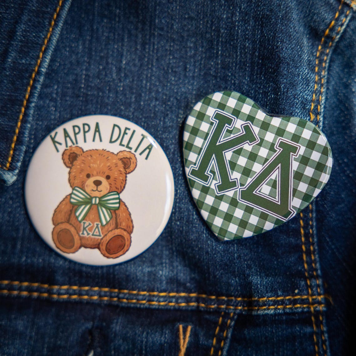 Kappa Delta Button Pin Set, Green Gingham Heart & Teddy Bear KD ...