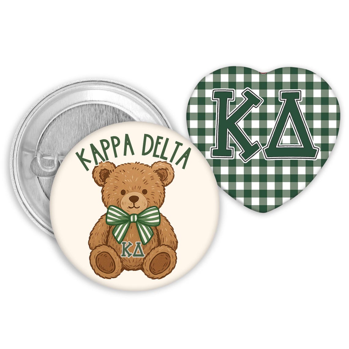 Kappa Delta Button Pin Set, Green Gingham Heart & Teddy Bear KD ...