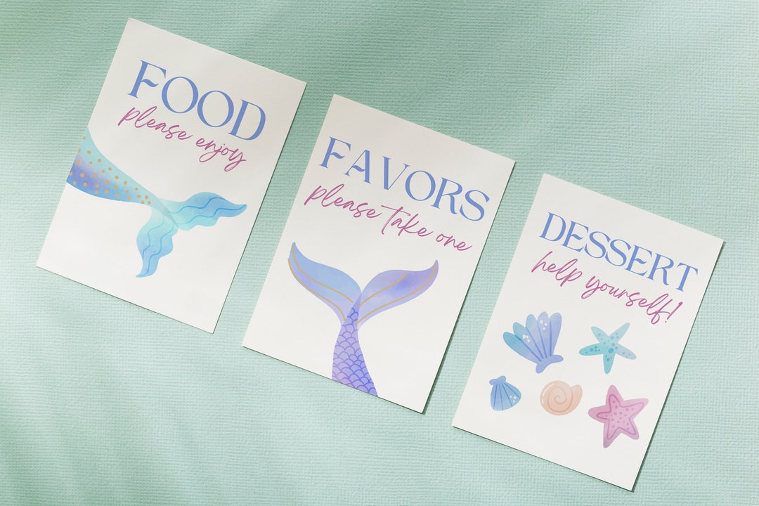 Editable Mermaid Themed Party Table Signs, Food, Drinks, Guestbook ...
