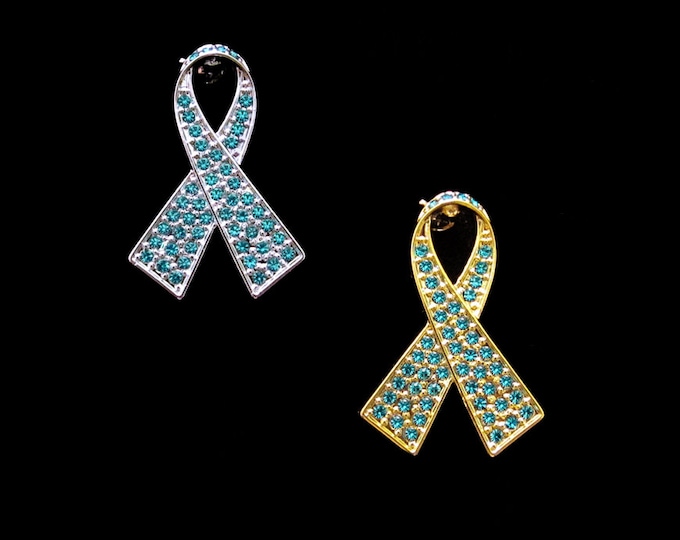 Crystal Teal Ribbon Bow Ovarian Cancer Awareness Brooch Pin Silver Tone ...