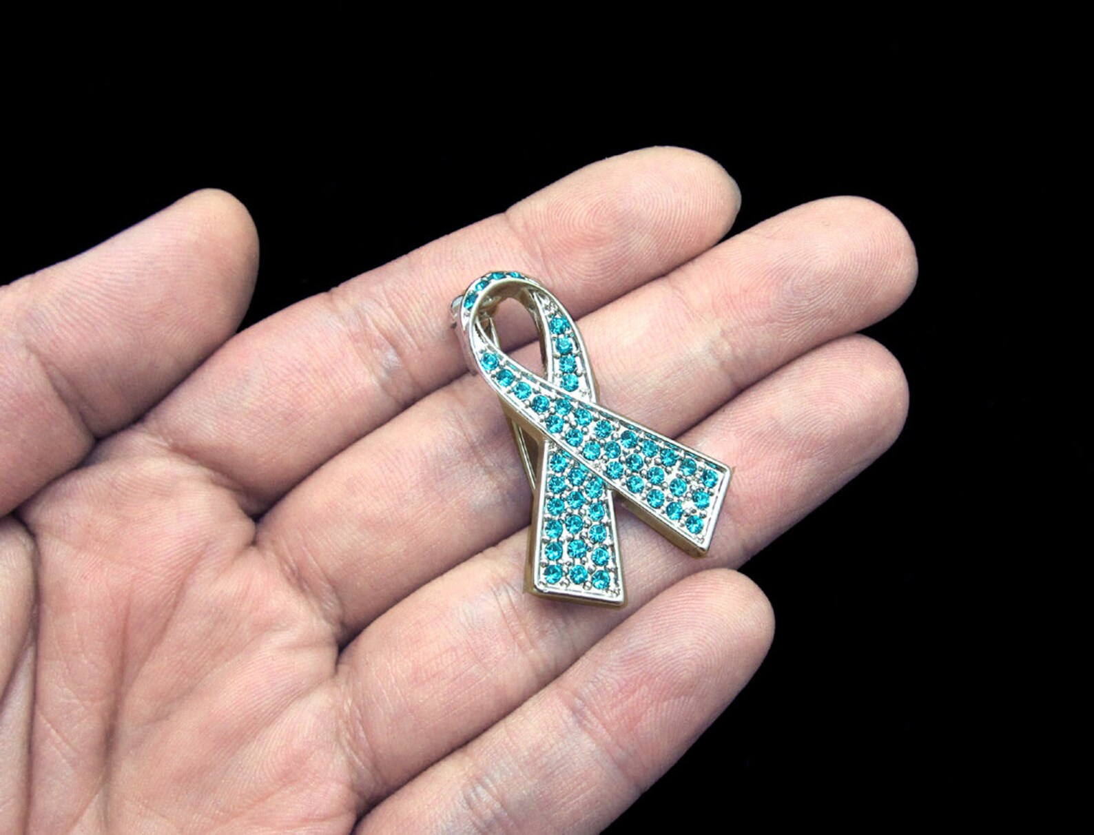 Crystal Teal Ribbon Bow Ovarian Cancer Awareness Brooch Pin Silver Tone ...