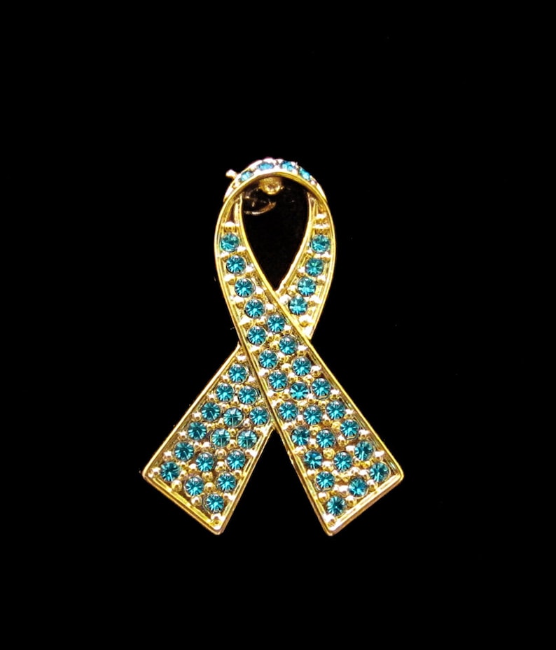 Crystal Teal Ribbon Bow Ovarian Cancer Awareness Brooch Pin Silver Tone ...