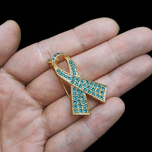 Crystal Teal Ribbon Bow Ovarian Cancer Awareness Brooch Pin Silver Tone ...
