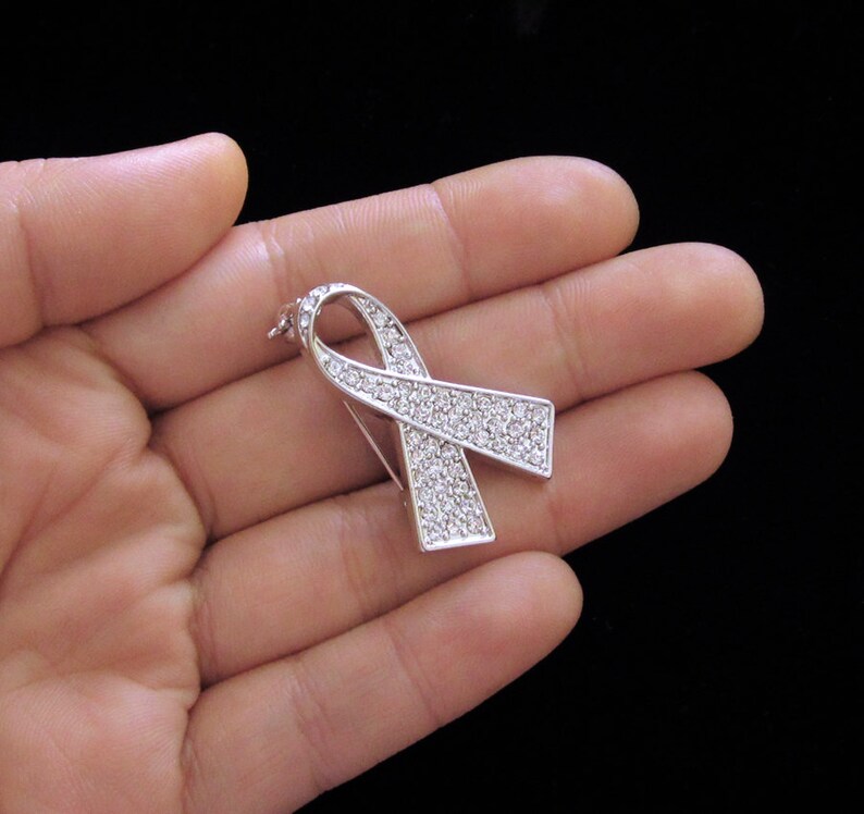 Crystal Clear White Ribbon Bow Lung Cancer Awareness Brooch Pin Silver ...