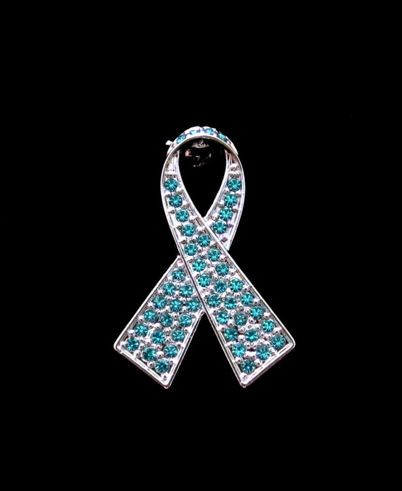 Crystal Teal Ribbon Bow Ovarian Cancer Awareness Brooch Pin Silver Tone ...