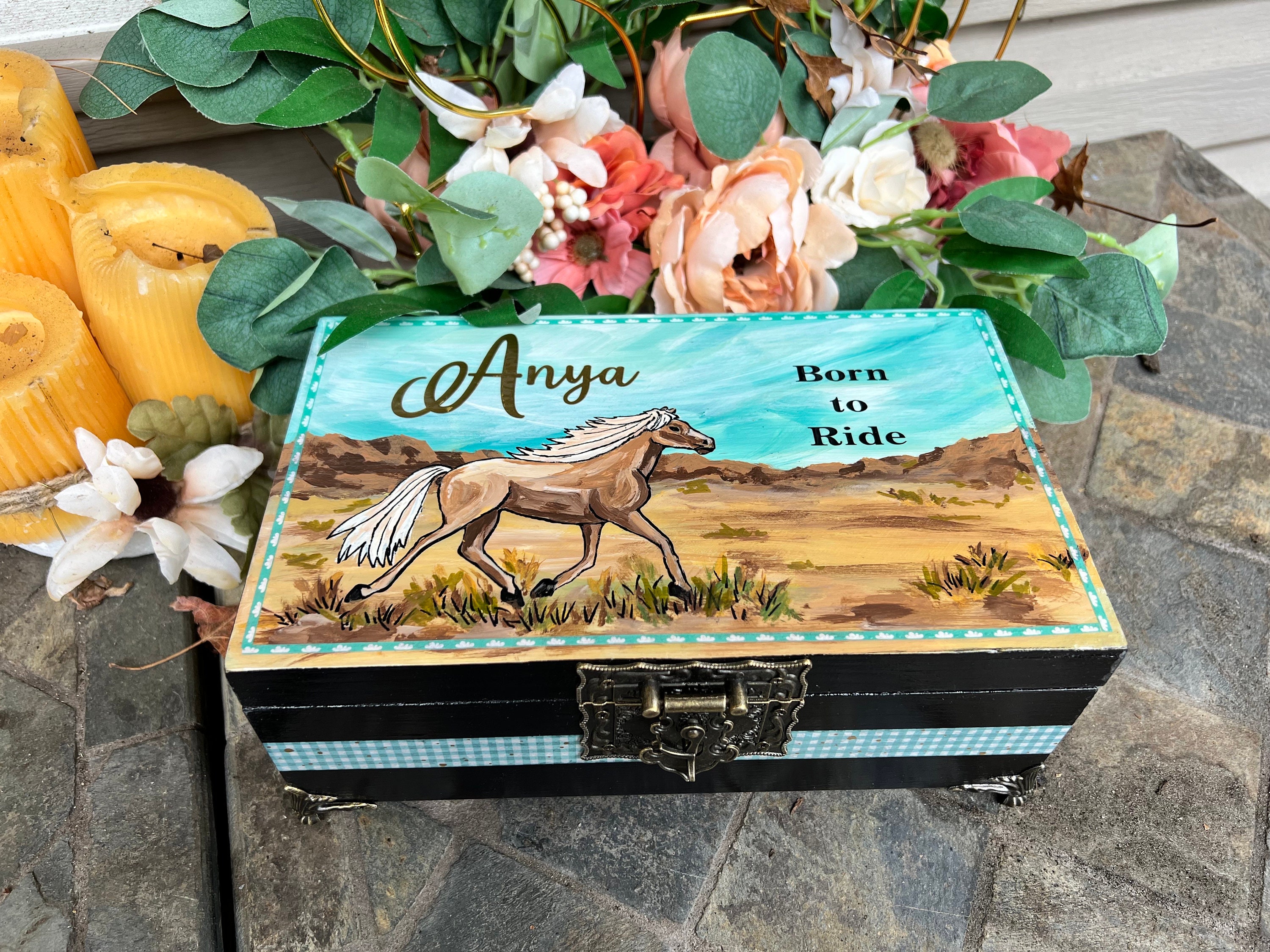 Large Handpainted Trinket Box, Horse Theme Jewelry Box, Born to Ride ...