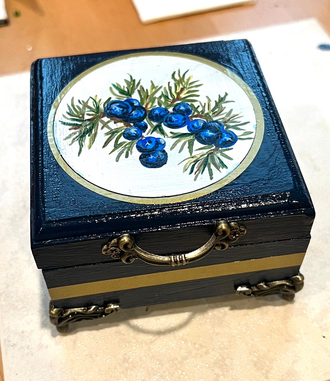 Hand Painted Juniper Bush on Navy Trinket Box, Dark Blue Jewelry Box ...