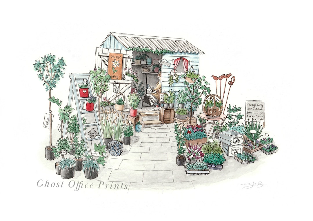 Flower Shop Art Print, Watercolour Painting, Cottagecore, Digital ...