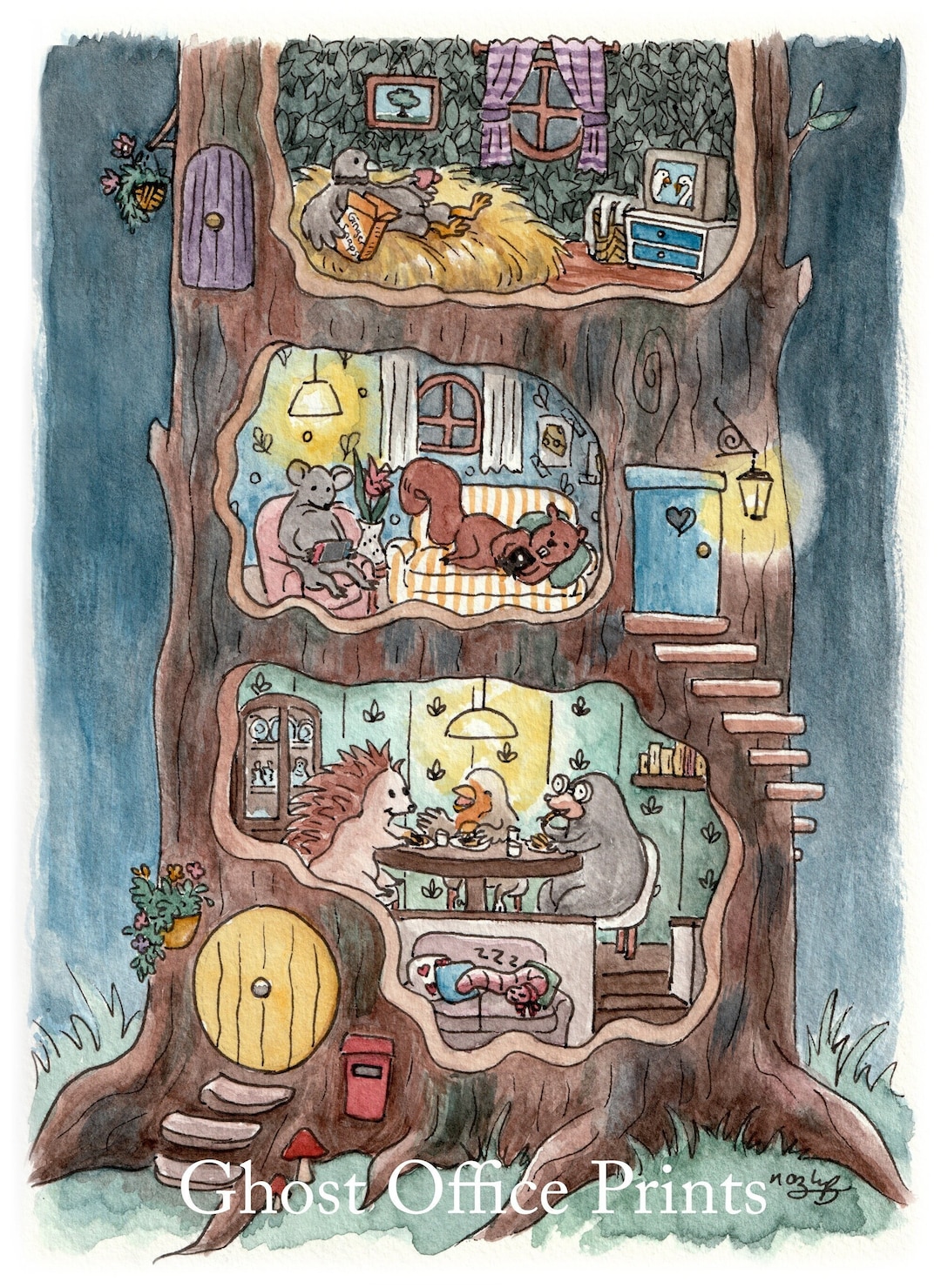 Woodlands Residents Art Print, Forest Animals Gift, Tree House, Nature ...