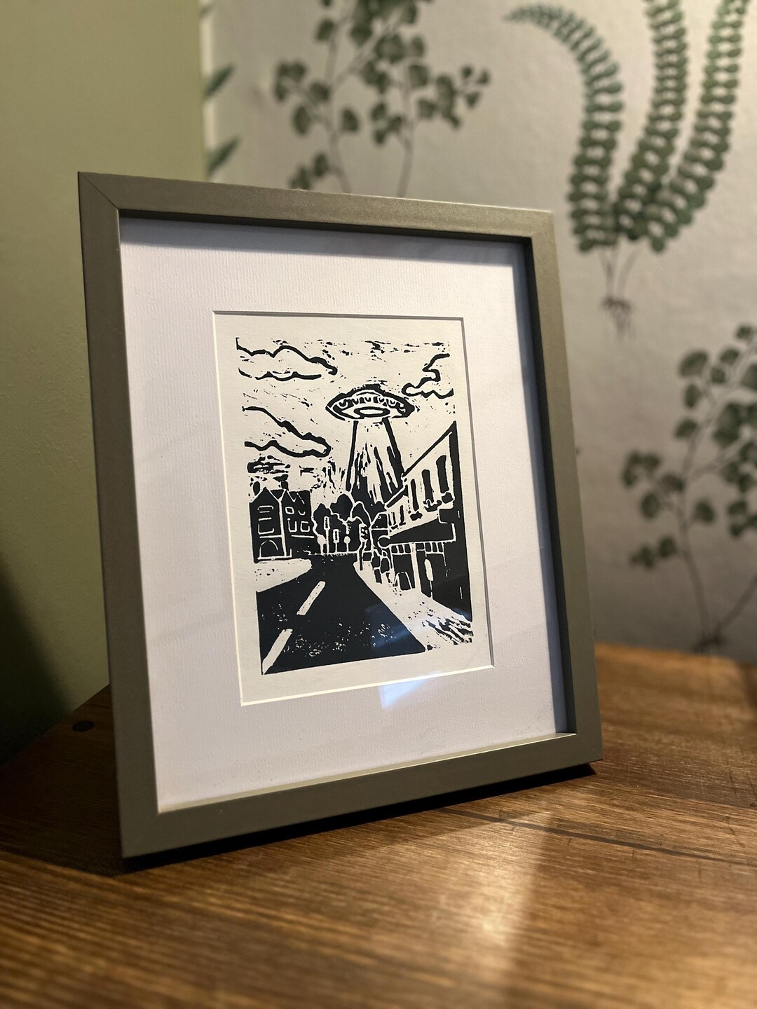 UFO Linocut Wall Art, 5x7in, Original Linocut Print, One of a Kind ...