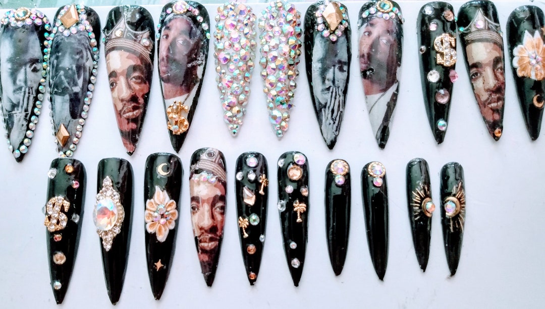2PAC Shakur Tupac Hand Painted Stiletto Crystal Press on Nails Reusable ...