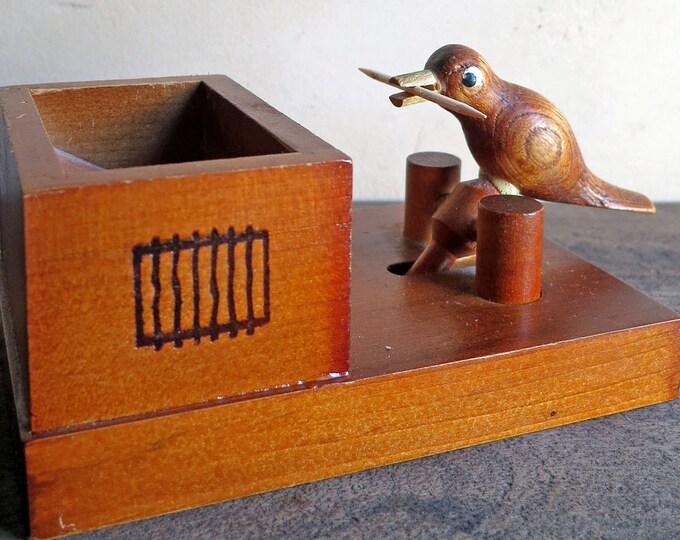 Wooden Mechanical Bird Toothpick Dispenser, Wood Bird Toothpick Holder ...