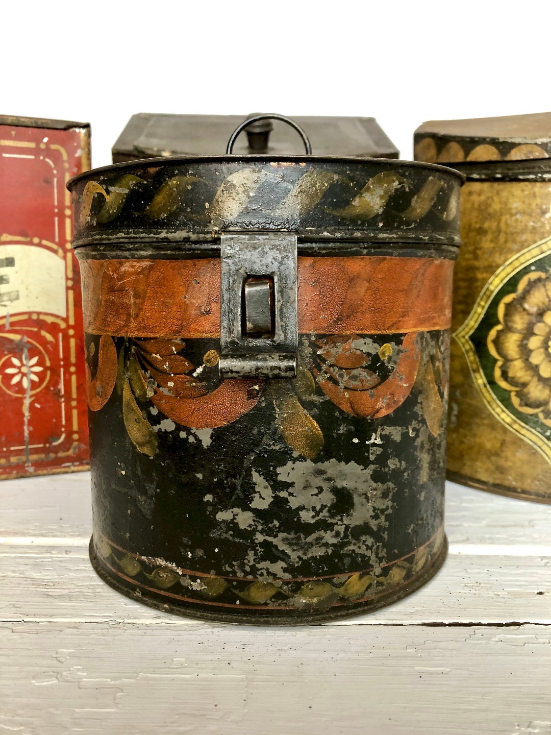 1800's Toleware Tin Canister MERCY NORTH, 19th Century Decorated Tole ...