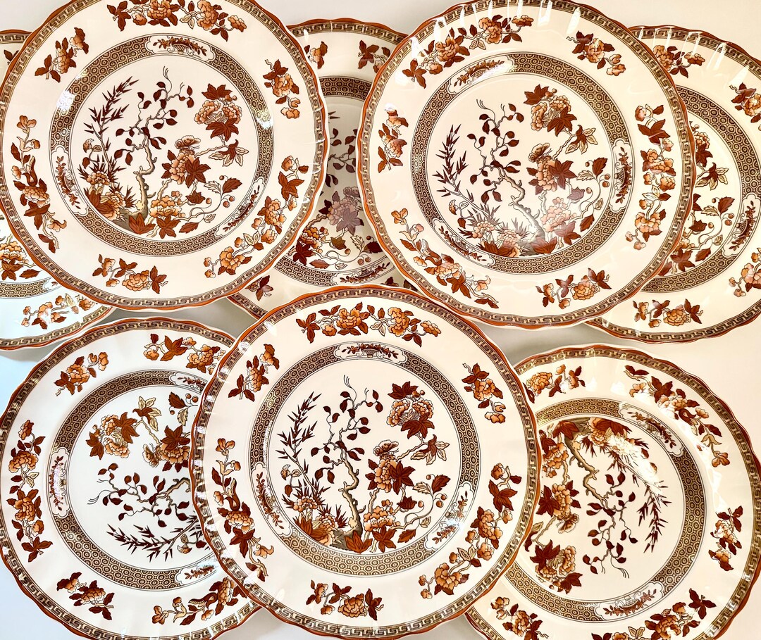 S/8 Spode Indian Tree Salad Plates, India Tree Orange Rust With Red ...