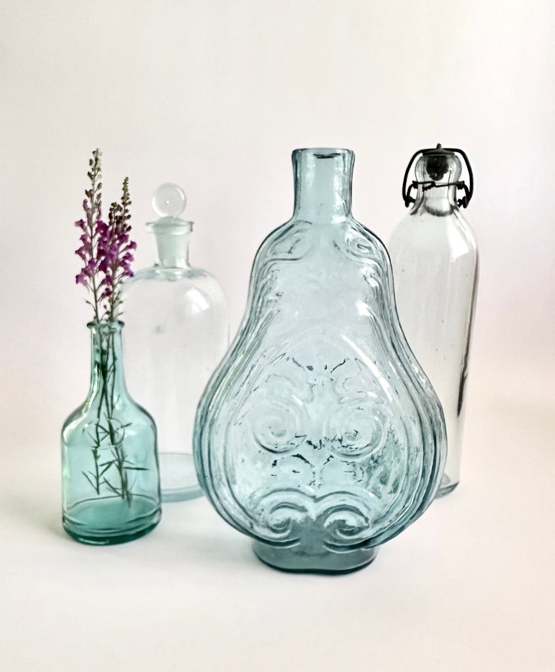 Aquamarine Glass Scroll Flask, 1800's Violin Molded Blown Glass Flask ...
