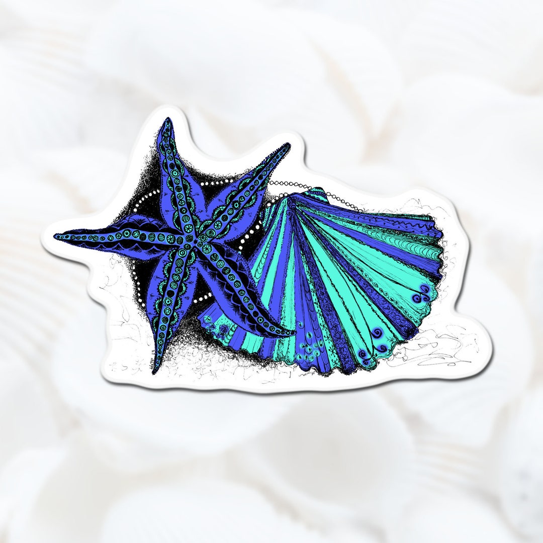 Starfish and Clamshell Sticker, Hand Drawn Sea Life Decal - Etsy