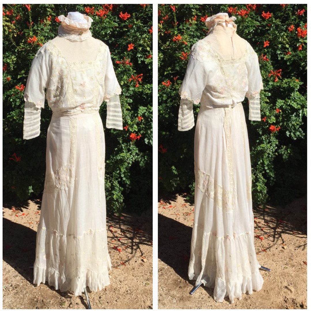 Edwardian Summer Tea or Lawn Dress. Off-white W/ Pink & Green Floral ...