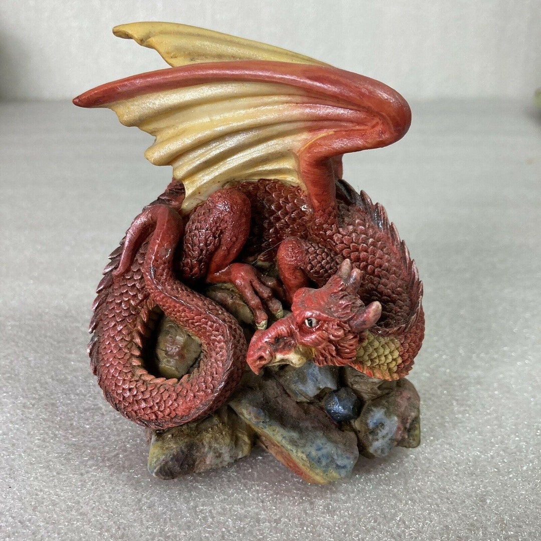 Vintage 1998 WUI Resin Dragon Figurine Crouched on Rocks Red Winged 3 ...